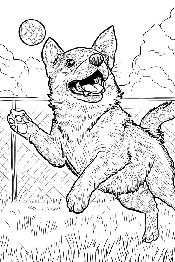 Happy Dog Catching Ball in Fenced Yard Stock Illustration ...