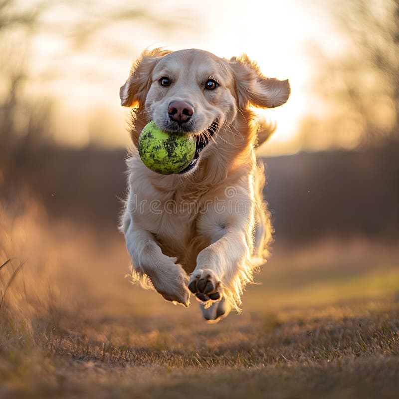 Happy Dog Chasing Ball in Warm Sunlight Stock Illustration ...