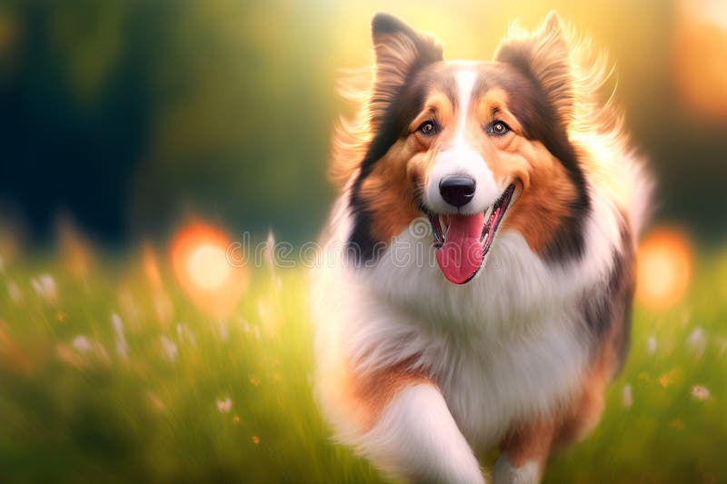 Happy Dog Collie Runs on Green Grass. Stock Illustration - Illustration ...