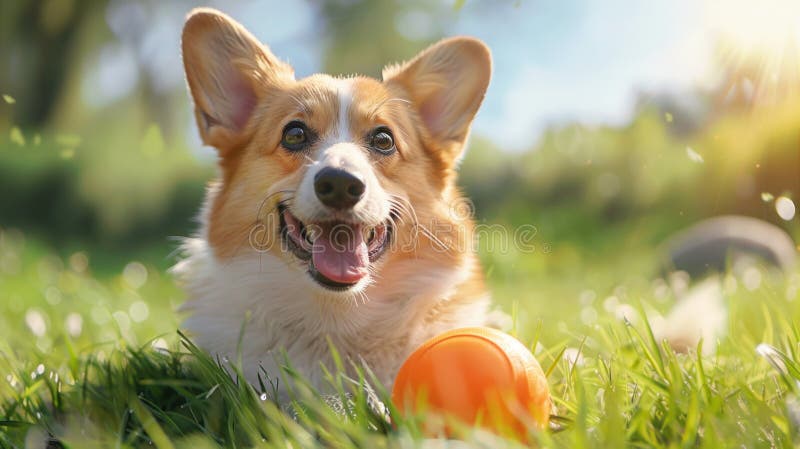 Happy Dog Corgi Playing on Grass with Orange Ball Stock Photo - Image ...