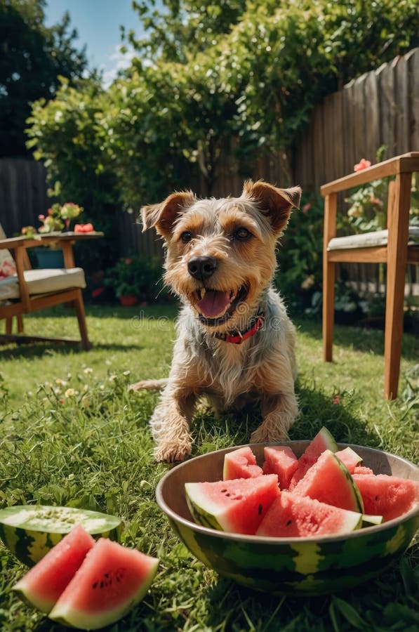Happy Dog Enjoying Summer Watermelon Treat in the Garden Stock ...
