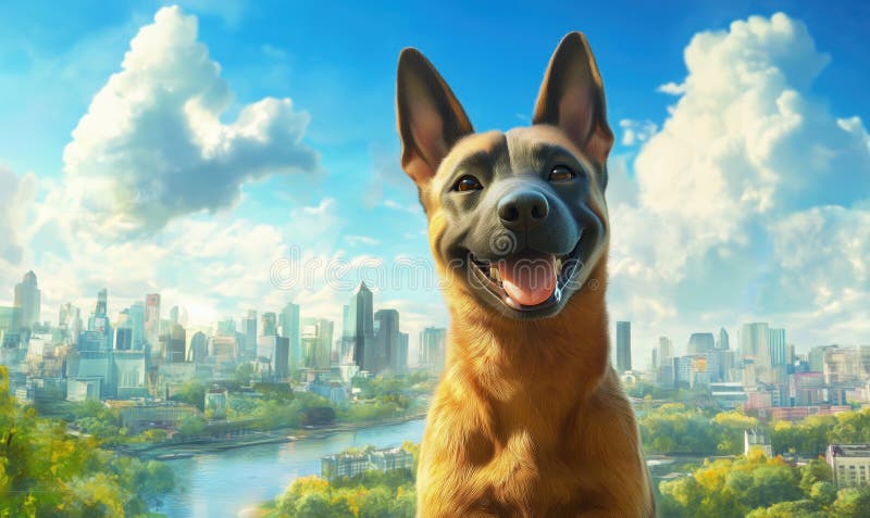Happy Dog in Front of City Skyline and River Under Blue Sky with Clouds ...