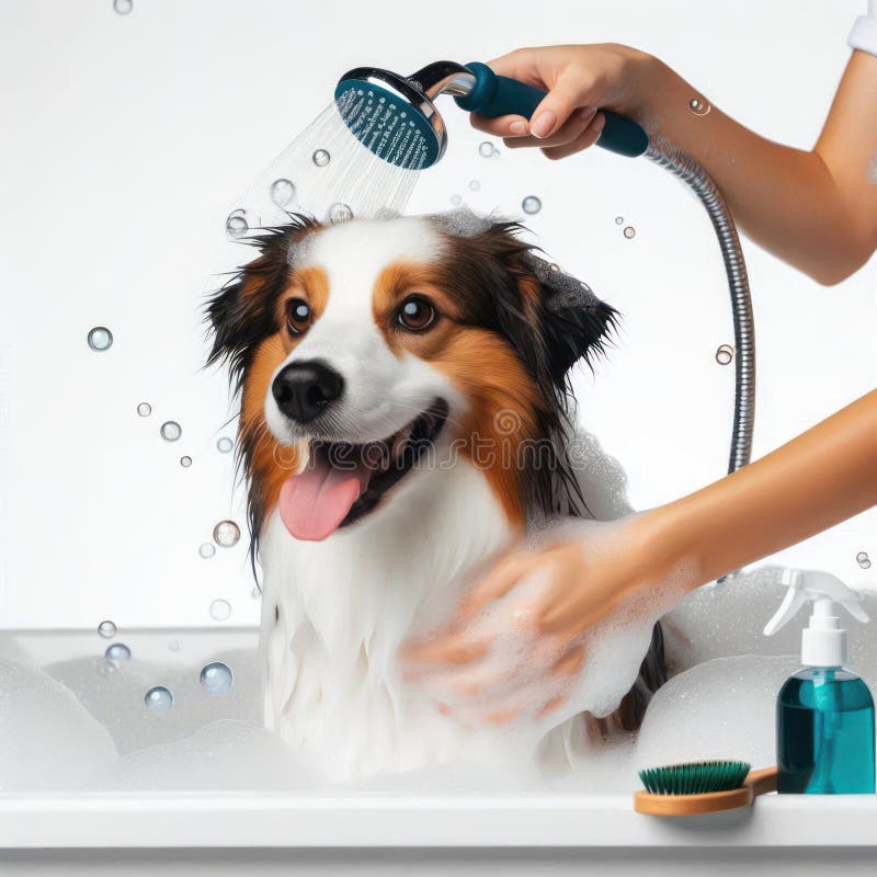 Happy Dog Getting Bath Bubbles Bright White Setting Daytime Grooming ...