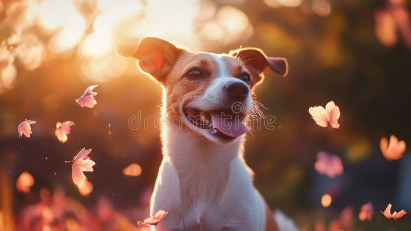 Happy Dog in Golden Hour Light among Pink Petals Stock Illustration ...