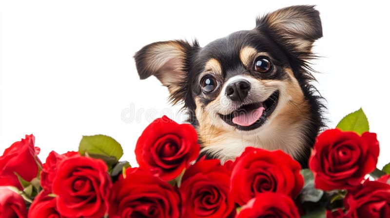 Happy Dog Holding Red Roses Flower Isolated Stock Photo - Image of ...