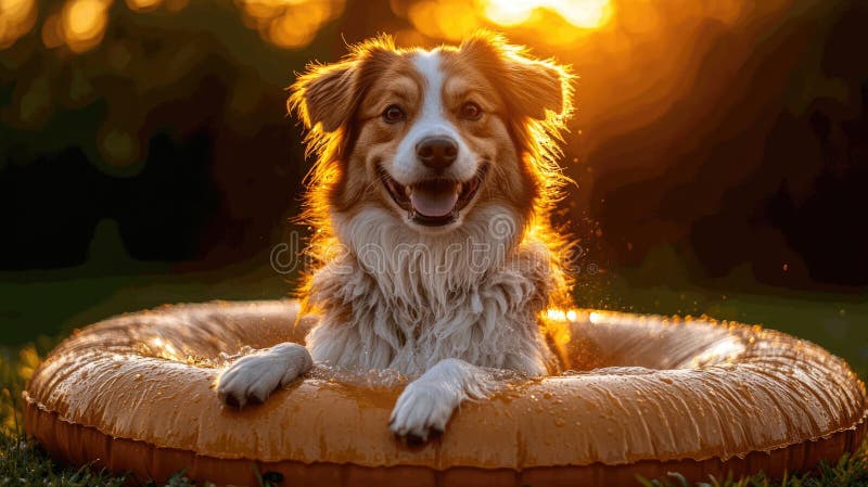 Happy Dog in Inflatable Pool at Sunrise with Sunlight Backdrop Stock ...