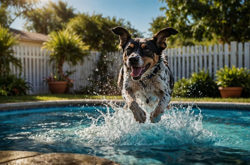 Happy Dog Jumping into Swimming Pool on Sunny Day Stock Illustration ...