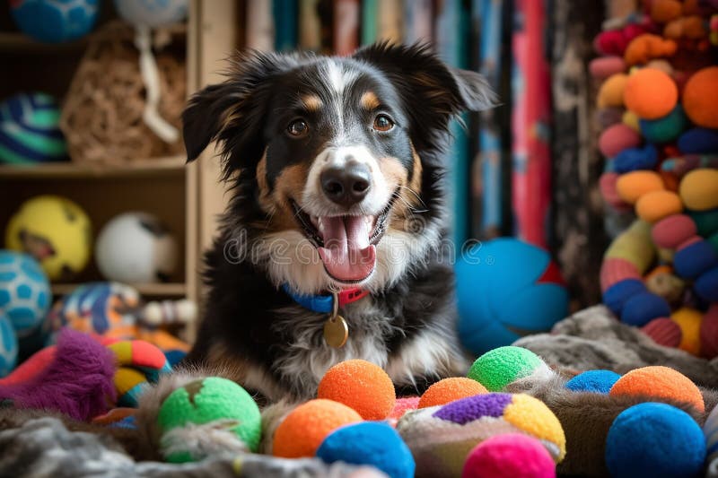 A Happy Dog with Lot of Dog Toys Stock Illustration - Illustration of ...