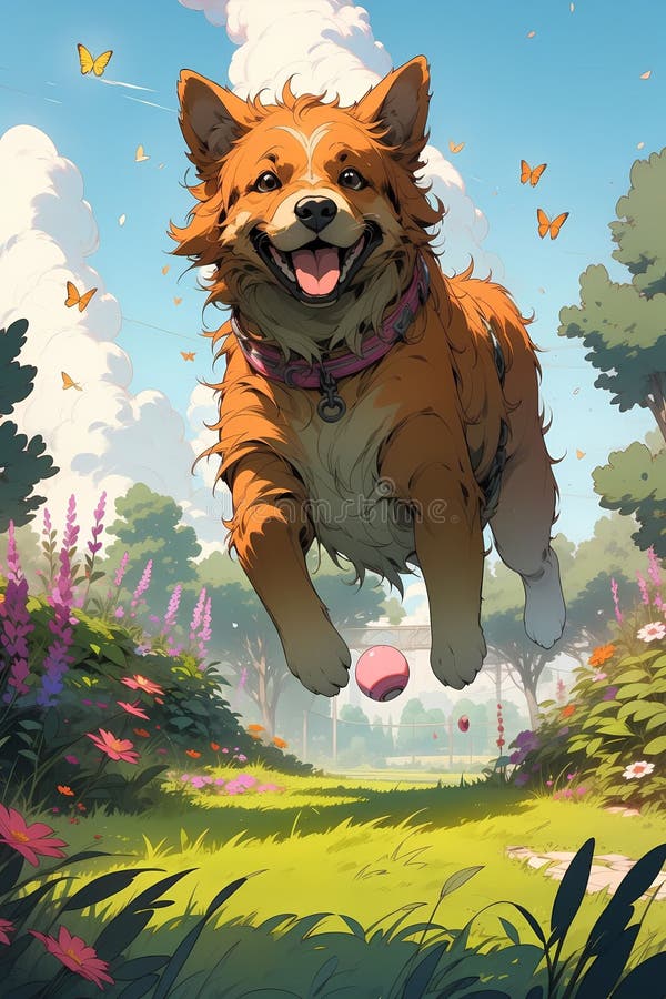 Happy Dog: the Orange Haired Dog Jumping in the Flowers Stock Image ...