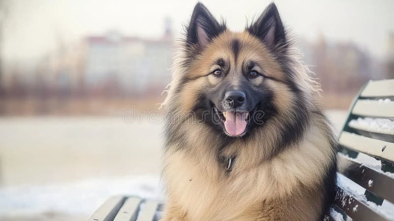 Happy Dog Park Bench Winter City Background Stock Photo - Image of ...