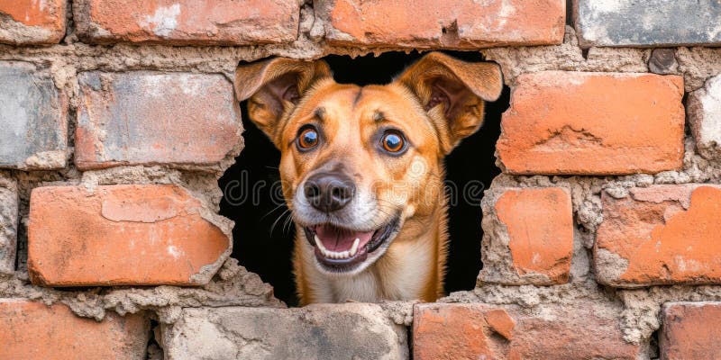 Happy Dog Peeking through Brick Wall with Curious Expression Stock ...