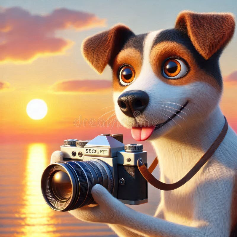 Happy Dog Photographer with Sunset Camera. Stock Photo - Image of ...