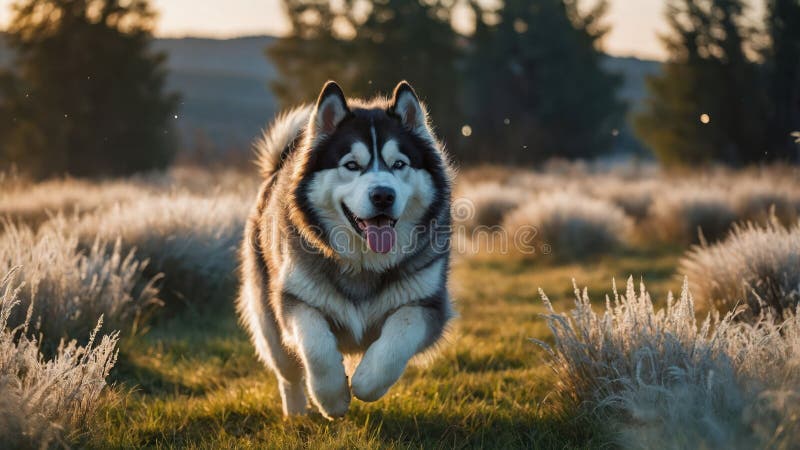 Majestic Alaskan Malamute Running in Golden Hour Light Stock ...