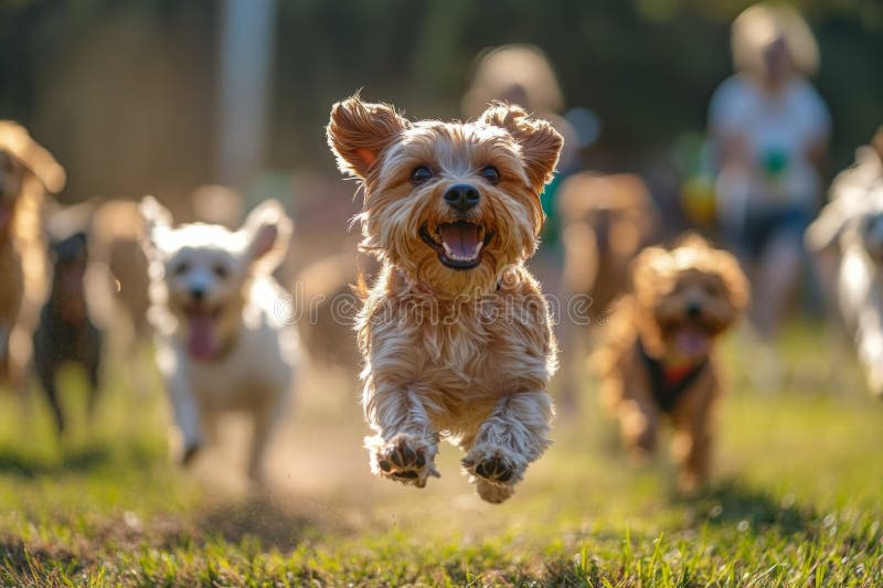 Happy Dog Running with Pack of Dogs Stock Photo - Image of golden ...