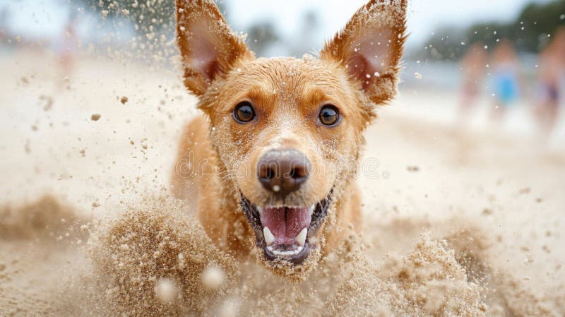 Happy Dog Running through Sand at the Beach Stock Illustration - Illustration of running, teeth ...