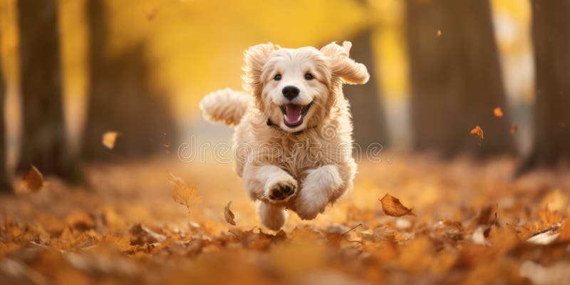 Happy Dog Running, Walking in the Leaves, Autumn Fall Banner Stock ...