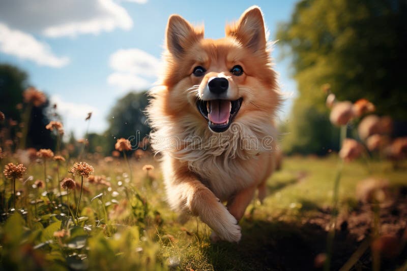 Happy Dog Runs in the Summer on the Grass, Walking in the Fresh Air ...
