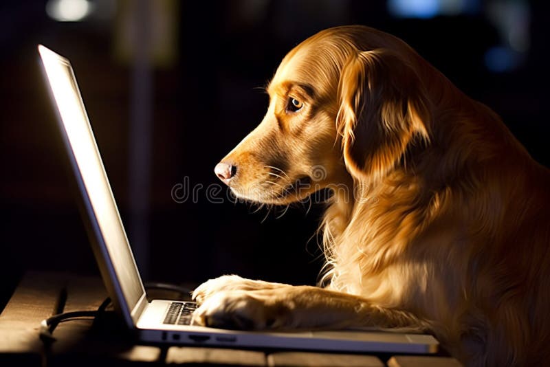 Happy Dog Using Laptop Indoors Stock Illustration - Illustration of ...