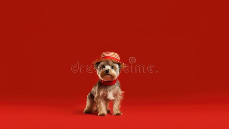 A Happy Dog Yorkshire Terrier in a Hat Beachwear Ruby Red Background ...