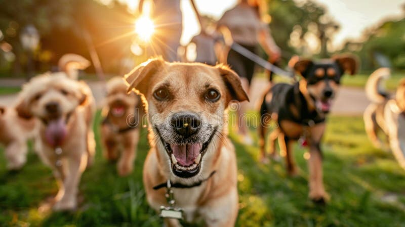Happy Dogs on a Walk at Sunset. Generative Ai Stock Illustration ...