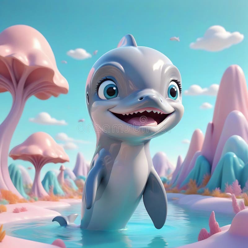 Happy Dolphin in a Cartoon Landscape Stock Illustration - Illustration ...