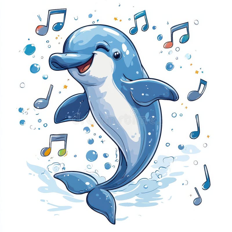 Happy Dolphin Dancing with Music Notes in Water Stock Illustration ...