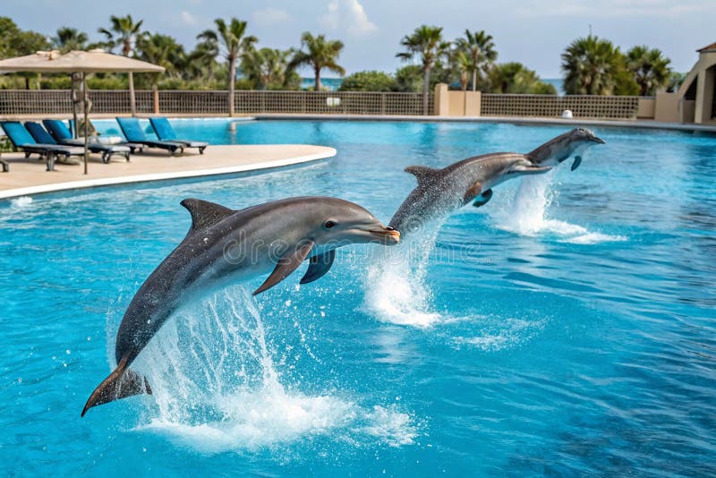 Happy Dolphins in the Blue Water of the Swimming Pool Stock Image ...