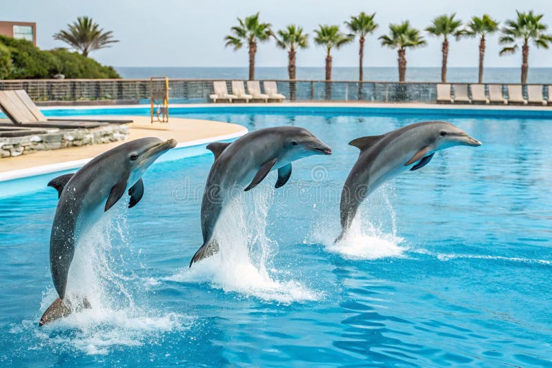 Happy Dolphins in the Blue Water of the Swimming Pool Stock Image ...