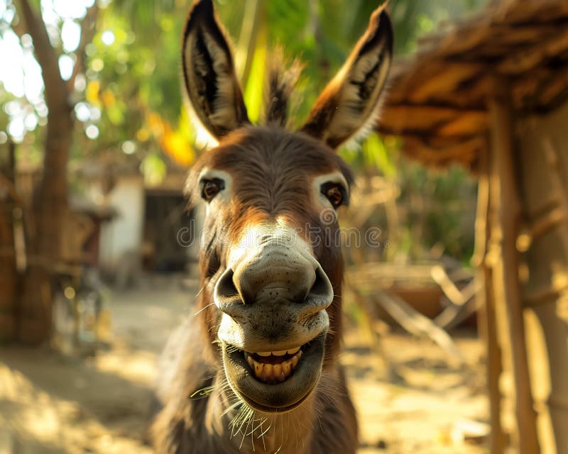Happy Donkey with Big Smile in Natural Setting, Surrounded by Greenery ...