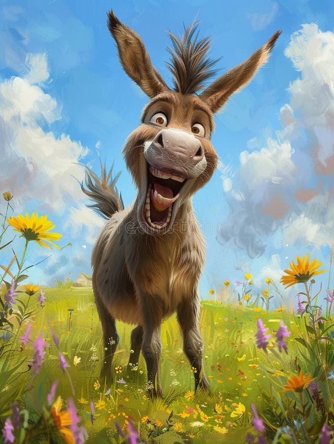 A Happy Donkey Kicks in Delight Its Crazy Smile Lighting Up the Meadow ...