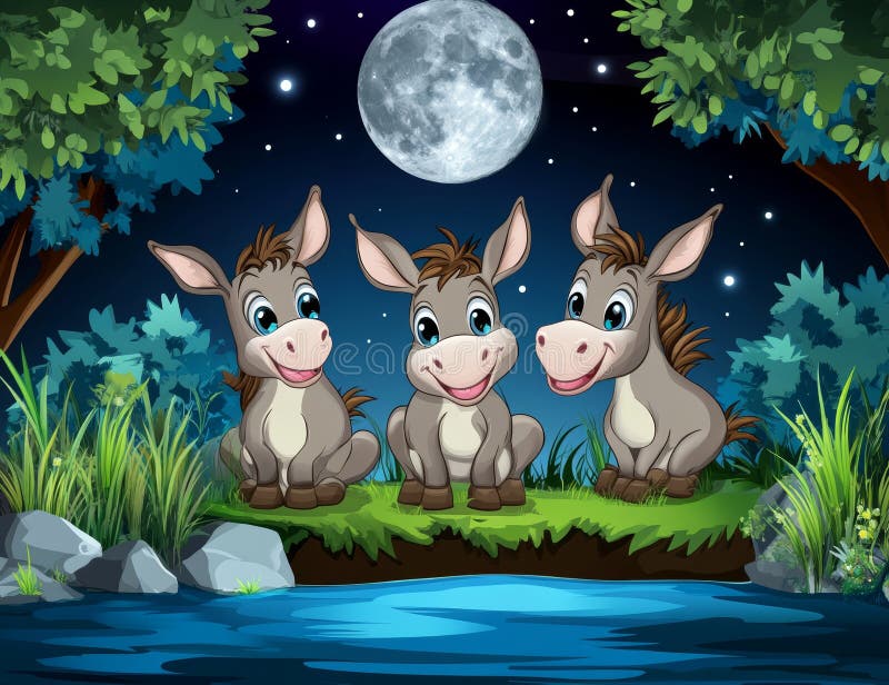 Happy Donkeys Play at Night in this Cartoon Illustration Stock Image ...