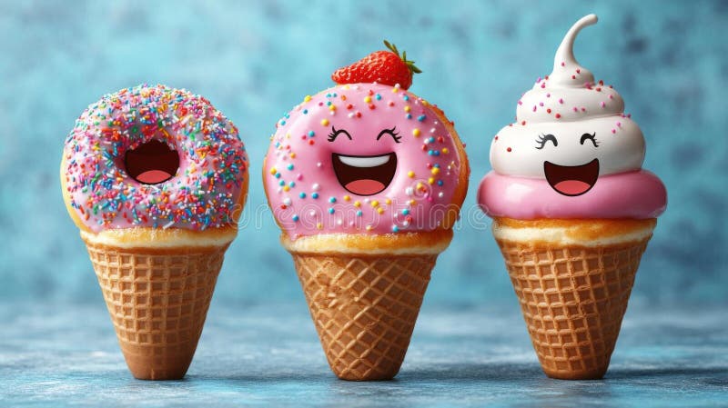 Happy Donut & Ice Cream Cones Stock Illustration - Illustration of ...