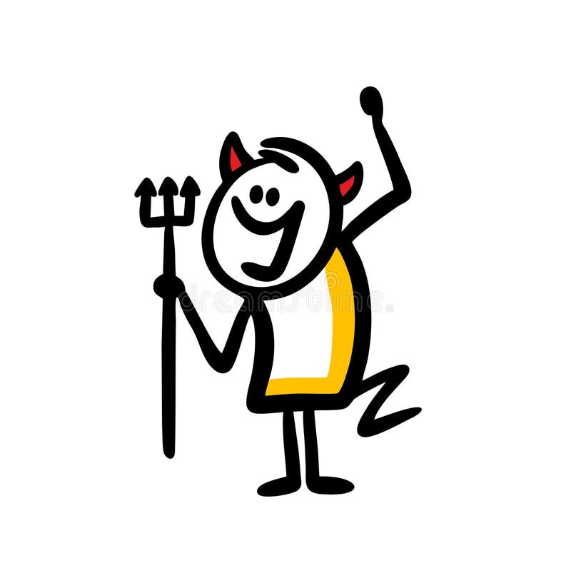 Happy Doodle Devil with Horns Holding a Trident in Hand and Smiles ...