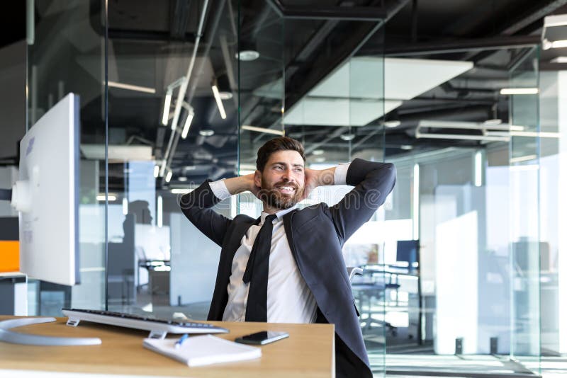 Happy and Dreamy Businessman, Resting at Work with His Hands Behind His ...