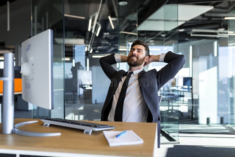 Happy and Dreamy Businessman, Resting at Work with His Hands Behind His ...