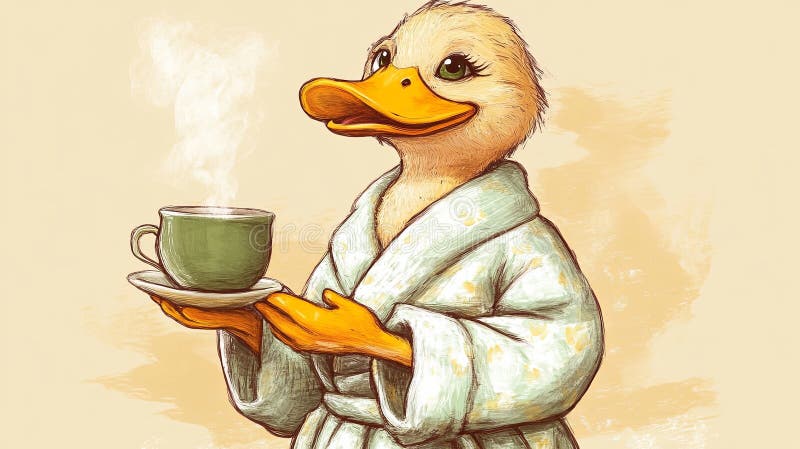 Happy Duck in a Bathrobe, Holding a Steaming Cup of Green Tea. Picture ...