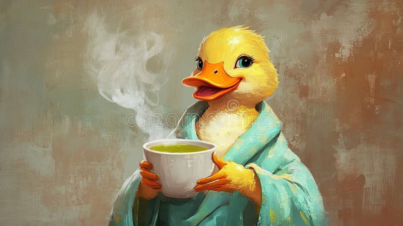 Happy Duck in a Bathrobe, Holding a Steaming Cup of Green Tea. Picture ...