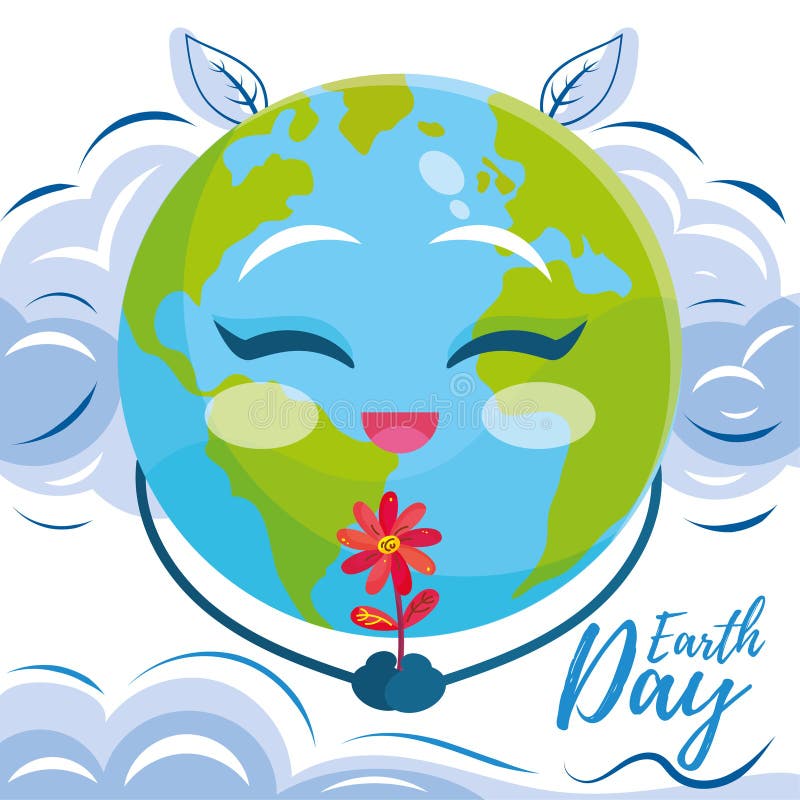 Happy Earth Globe Character with a Flower Earth Day Poster Vector Stock ...