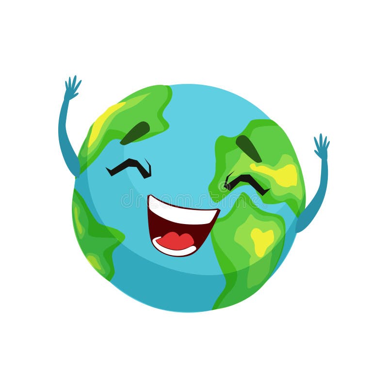Happy Earth Planet Character Cute Globe With Smiley Face And Hands