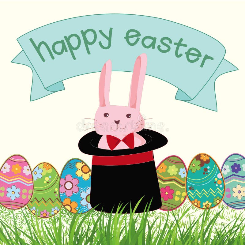 Happy Easter Sign with Cute Bunny Stock Vector - Illustration of ...