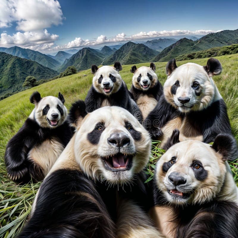 Six Big Fat Cheerful Pandas Take a Selfie Stock Illustration ...