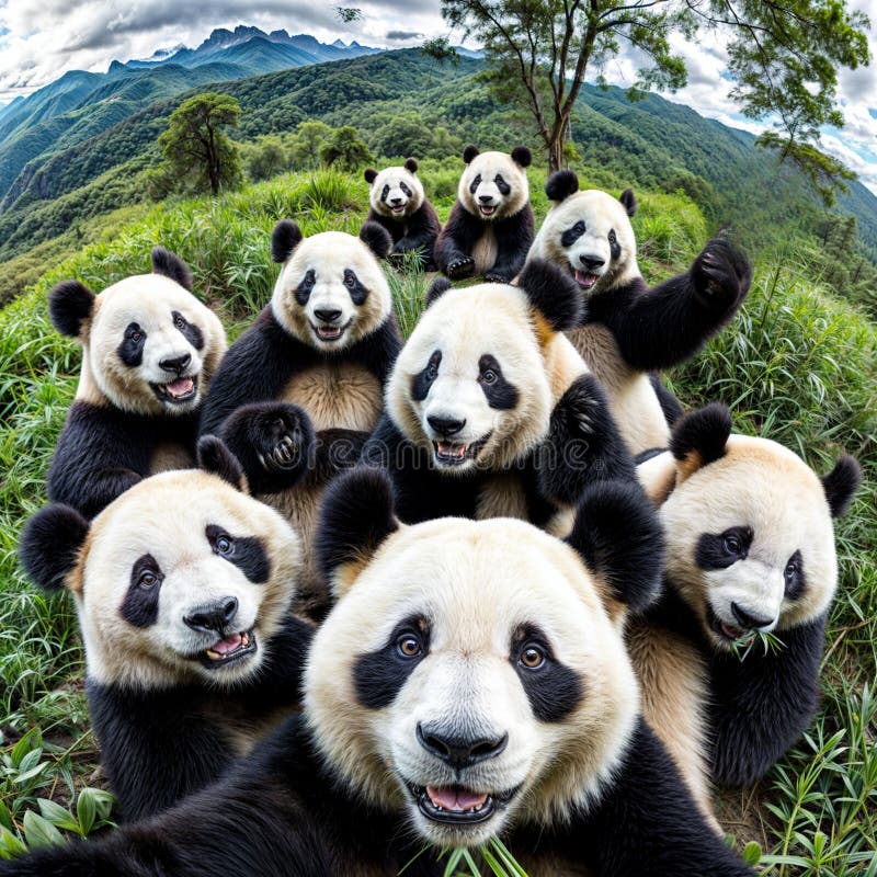 Nine Big Fat Cheerful Pandas Take a Selfie Stock Illustration ...