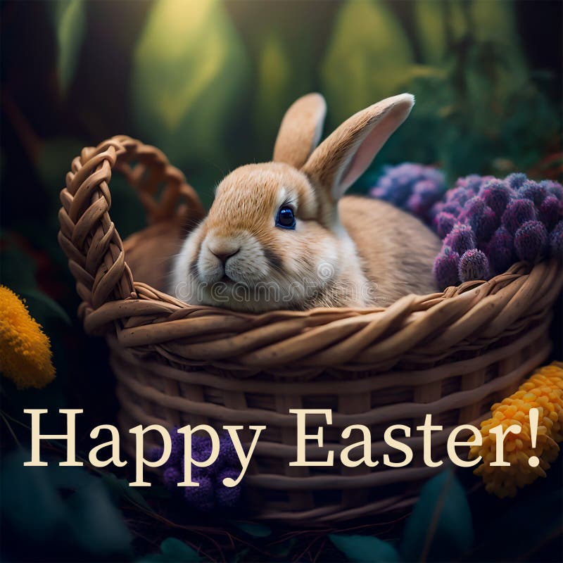 Happy Easter!- ?ard with a Rabbit in a Basket, Eggs. Stock Illustration ...