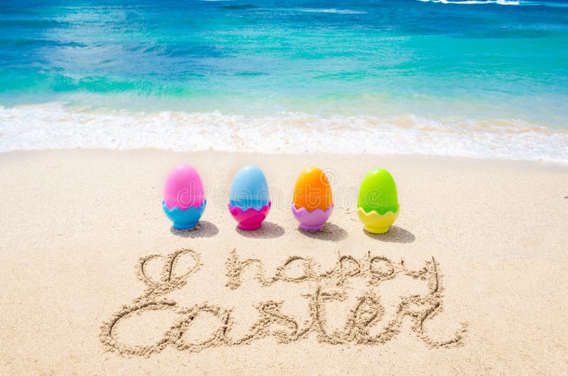 Happy Easter Background with Color Eggs on the Beach Stock Image ...