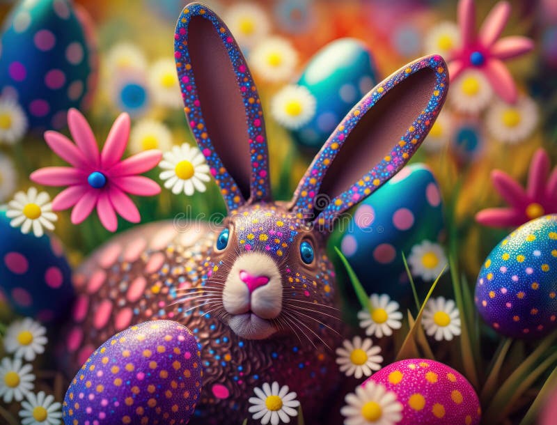 Happy Easter Background Concept Bunny with Easter Eggs on Meadow with ...