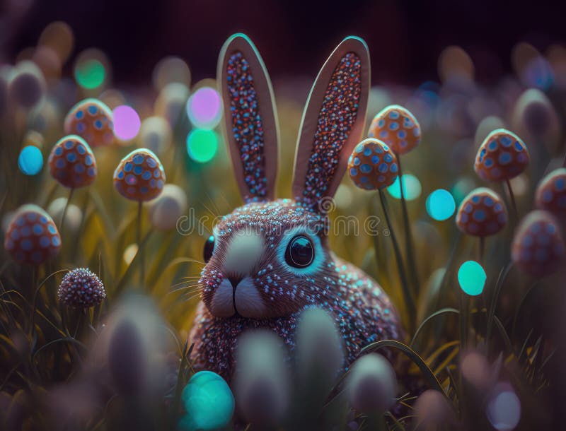 Happy Easter Background Concept Bunny with Easter Eggs on Meadow with ...