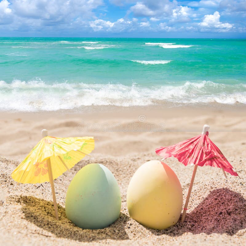 Happy Easter Lettering Background with Eggs on the Sandy Beach Stock ...