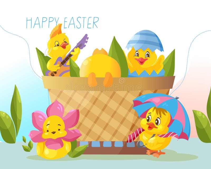 Happy Easter Banner, Easter Basket with Little Chicks, Basket with ...