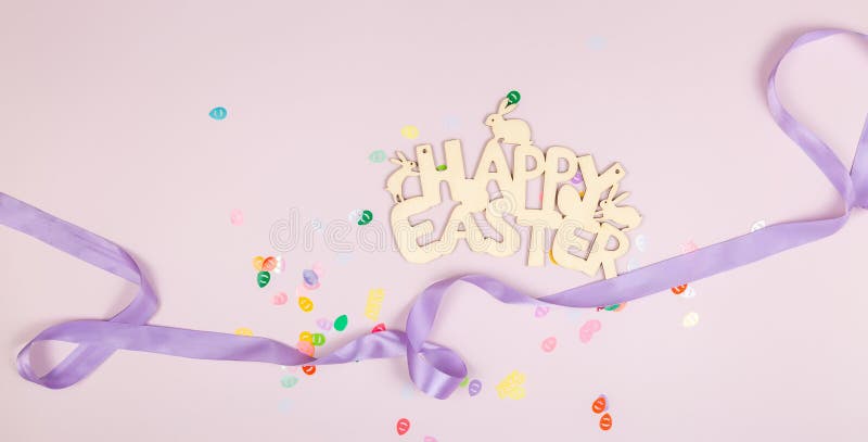Happy Easter Banner. Colored Easter Eggs on a Pastel Pink Background ...
