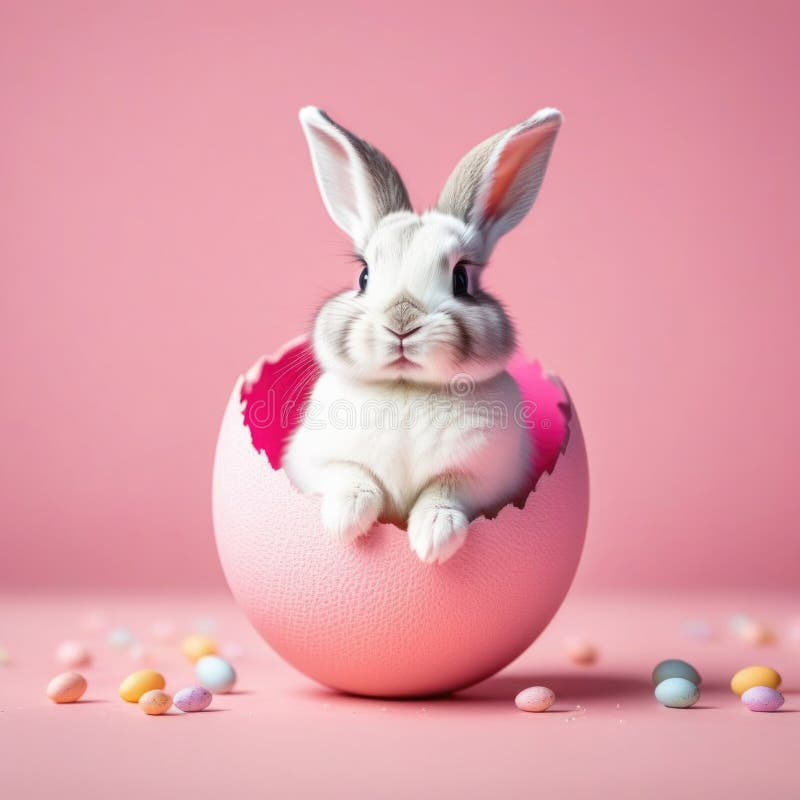 Happy Easter Banner with Cute Easter Bunny Hatching from Pink Easter ...